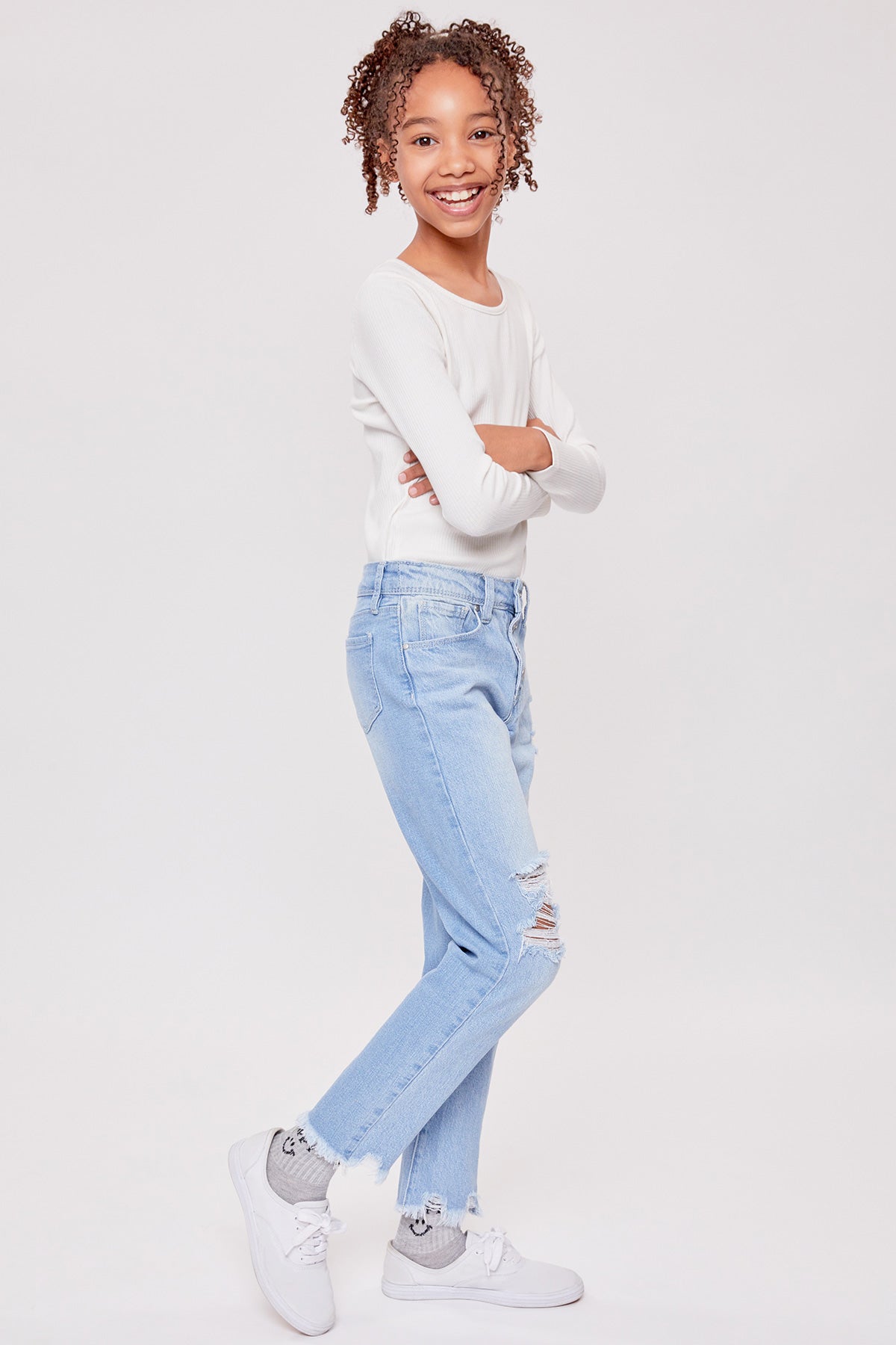 Girls High-Rise Exposed Button Straight Leg Jean With Distressed Hem ...